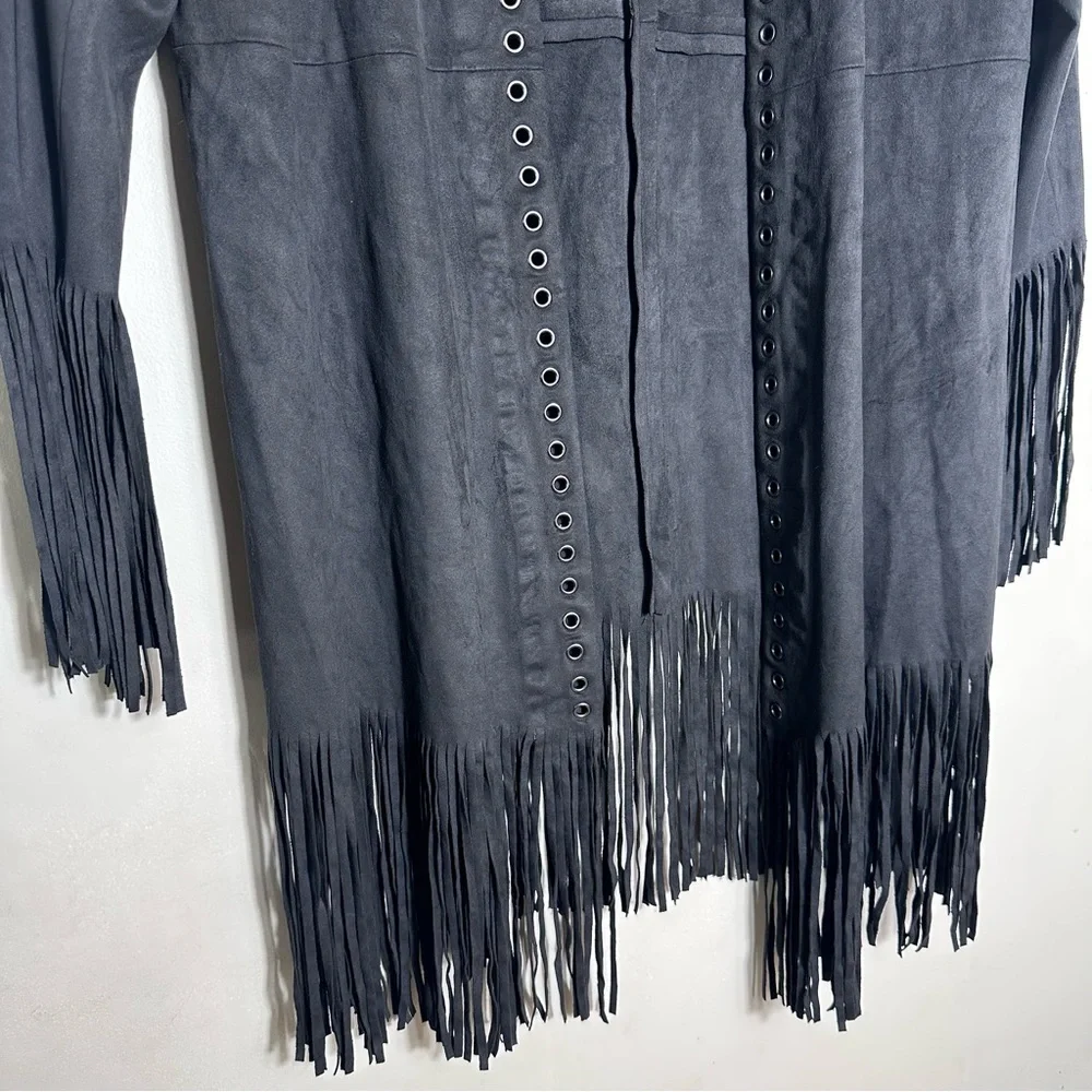 Zara | Jackets & Coats | Zara Black Fringe Openfront Jacket With Eyelet ...